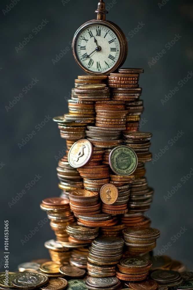 Tower of stacked coins with clock on top, symbol of wealth and time ...