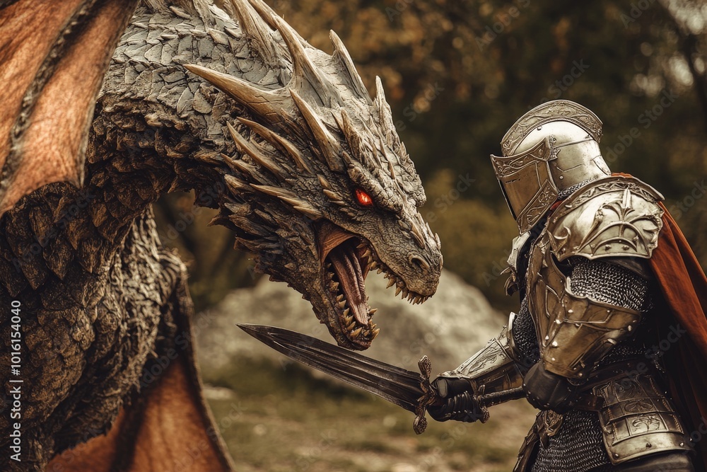 A knight in full armor confronts a fearsome dragon, sword in hand ...