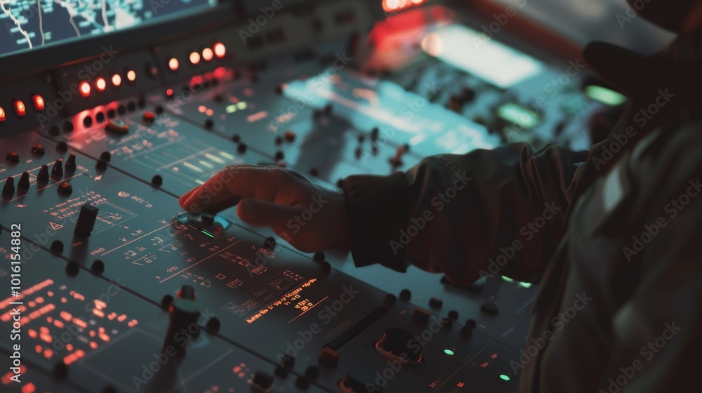 A hand interacts with a dimly lit control panel, full of switches and ...