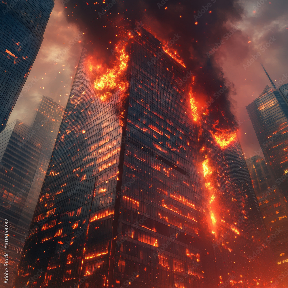 large office building engulfed in flames, with fire bursting out of ...