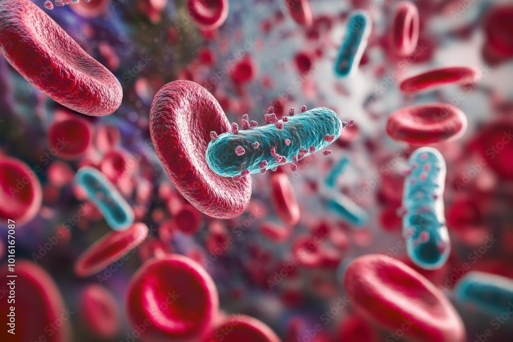 This image depicts a dynamic view of red blood cells alongside rod ...