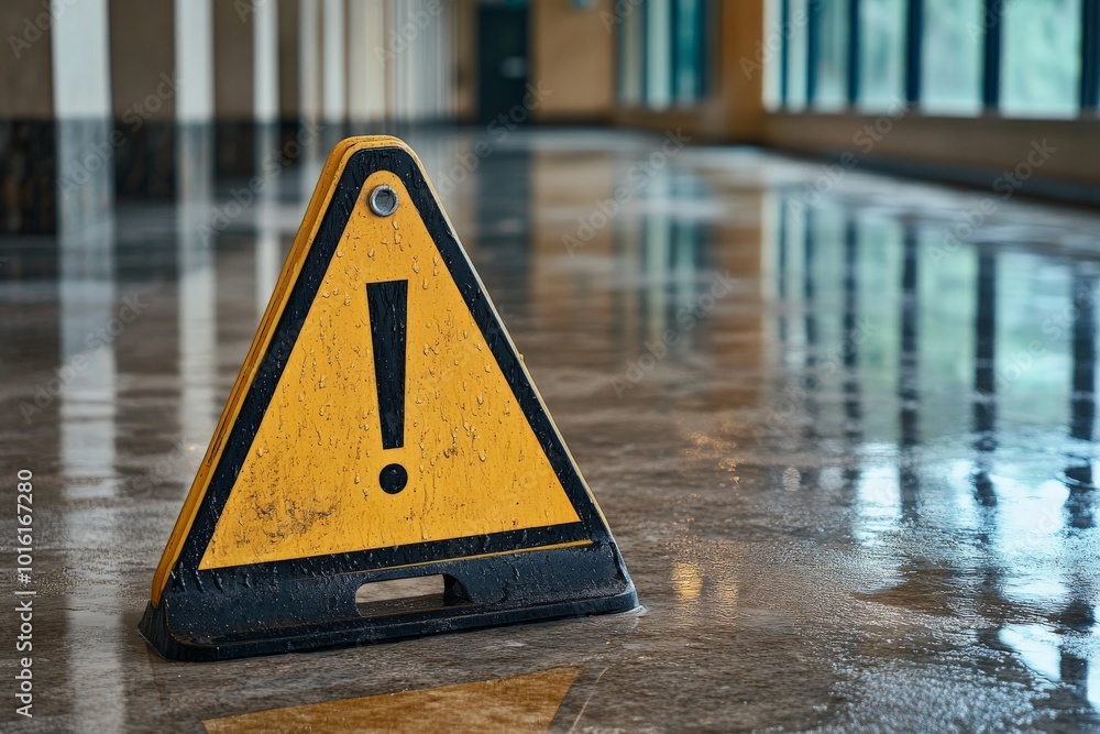 A triangular caution sign signals danger on a wet, glossy floor ...