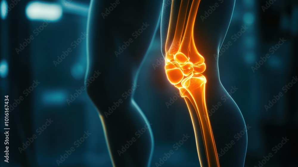 Side view of a 3D human figure with the knee joint illuminated in ...
