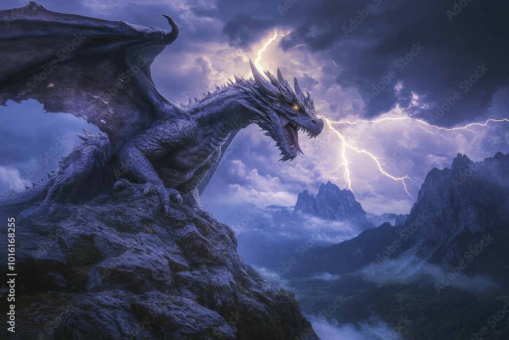 A mighty dragon perches on a rugged rock face, its wings outstretched ...