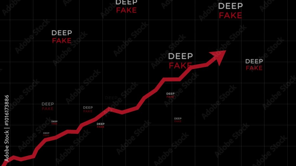 Red arrow uptrend rising on black background with deep fake logo ...