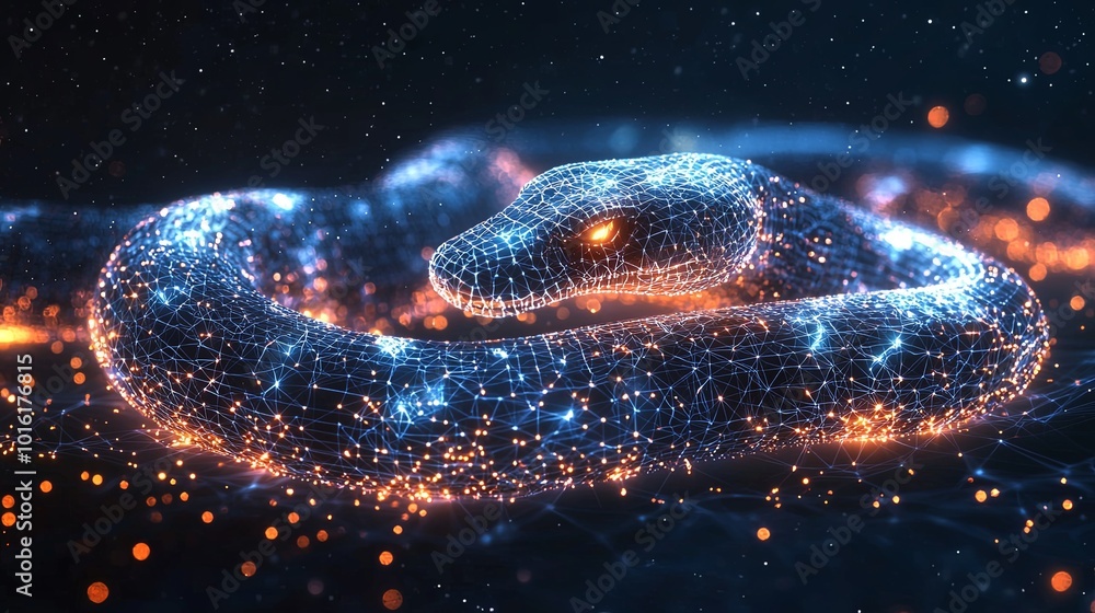 A dynamic snake with a fiery glow and digital mesh details, symbolizing ...