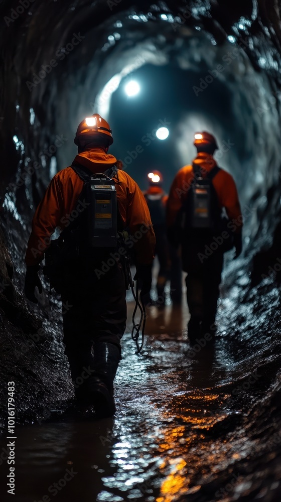 Miners walk cautiously through a dimly lit tunnel with water pooling on ...