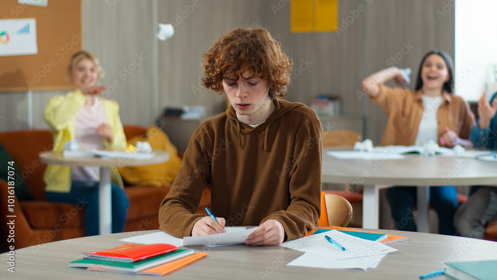 School academy college class lesson upset frustrated pupil student male ...