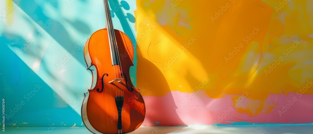 A cello stands gracefully in soft shadow, with a vibrant color splash ...