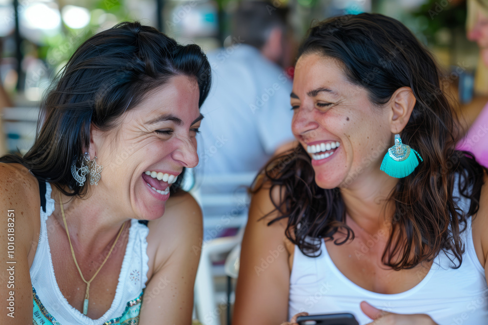 Two Hispanic women laughing loud together in a outdoor restaurant or ...