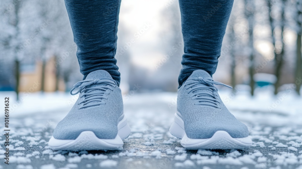 Back view of legs in sleek grey running shoes pushing through snow ...