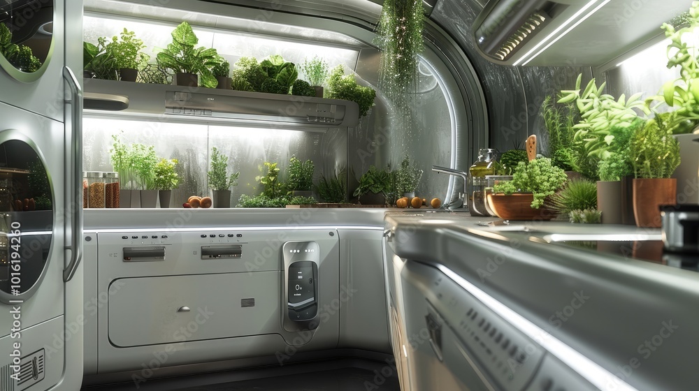 A high-tech kitchen in a futuristic Mars home, featuring smart ...
