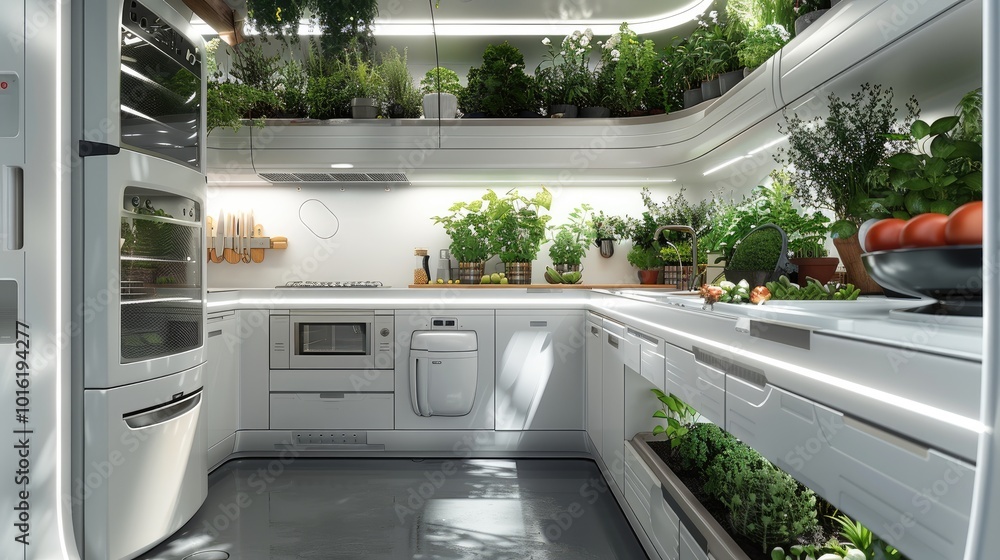 A high-tech kitchen in a futuristic Mars home, featuring smart ...