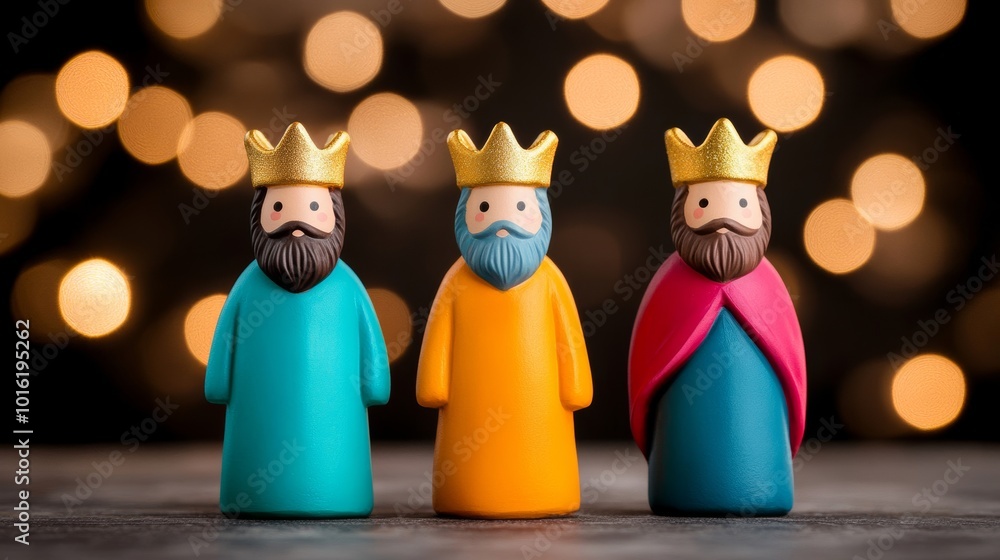 Decorative figures of the three wise men in colorful robes, standing in ...