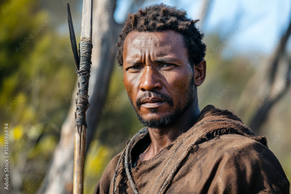 A determined man, draped in a simple garment, stands resolutely with a ...