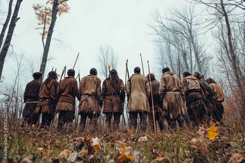 Hunters, seen from behind, stand in a row holding spears in a woodland ...