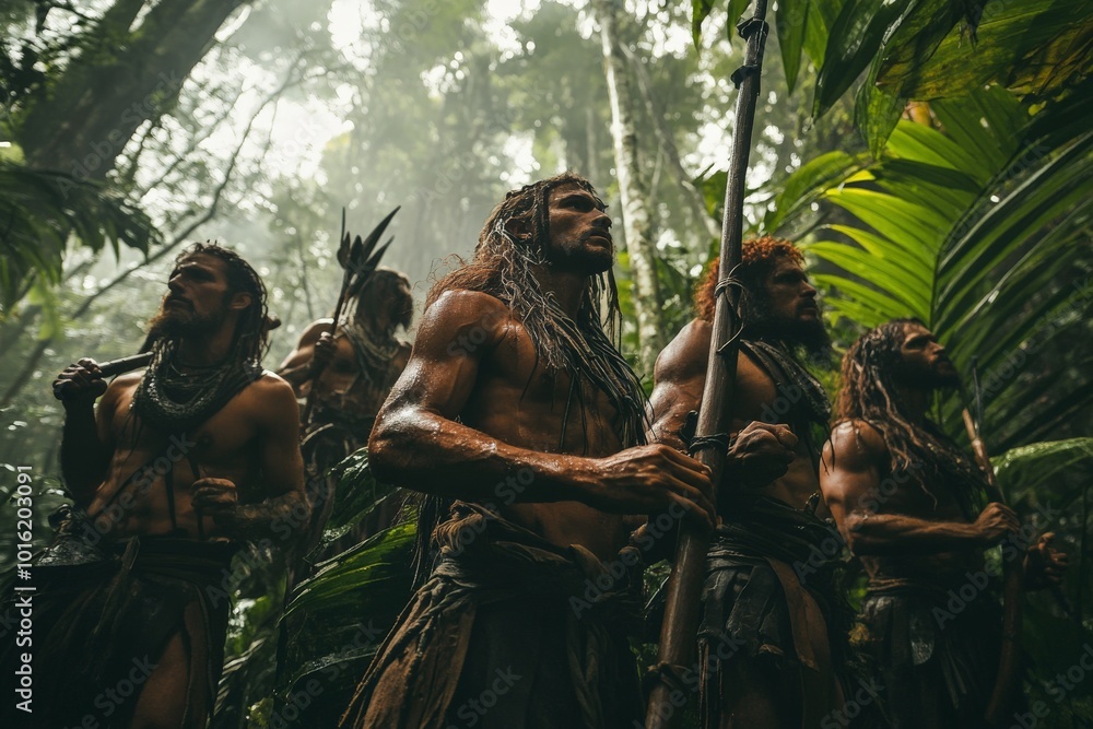 Five fierce tribal warriors wielding primitive weapons stand in the ...