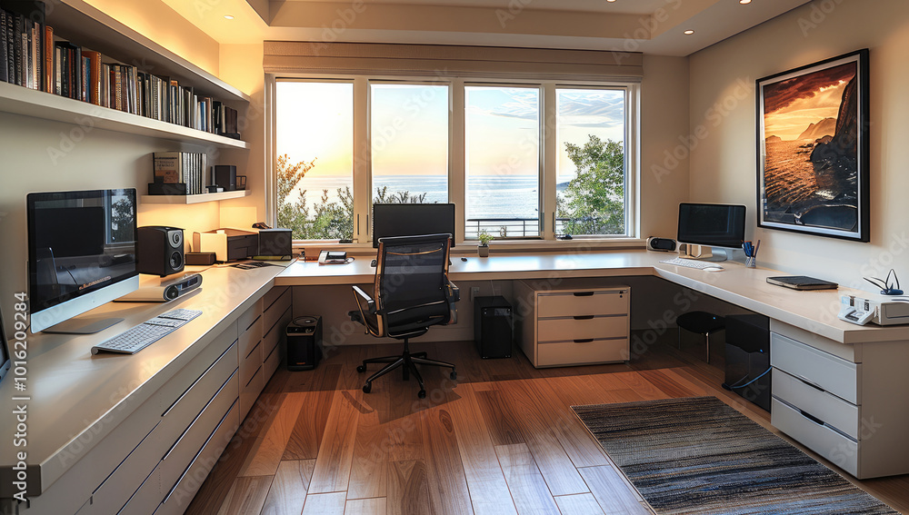 Home office, large L-shaped desk, two computers and monitors. Stock ...