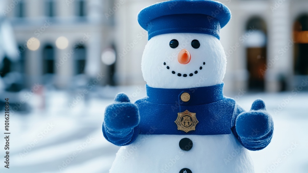 Snowman as a police officer with a blue uniform and badge, directing ...