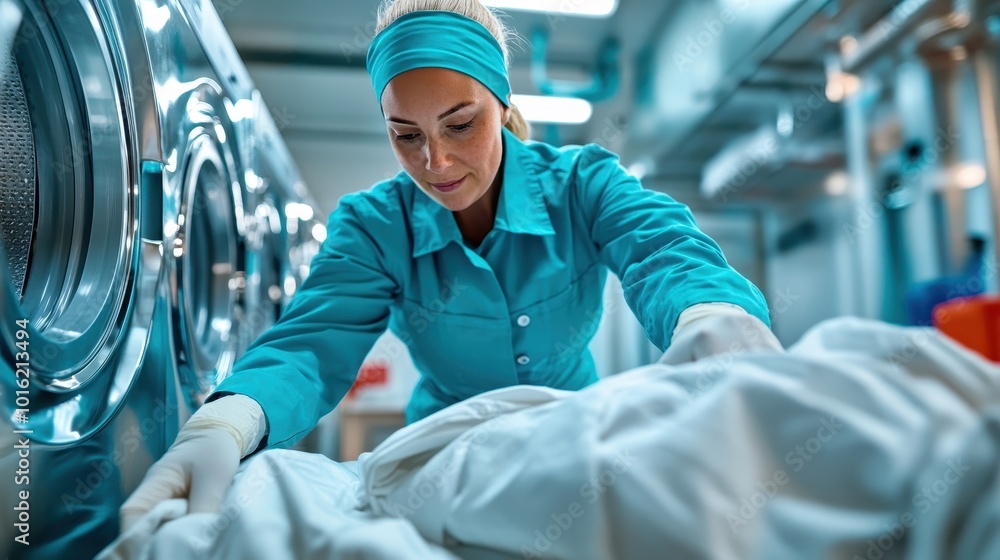 A dedicated woman in a blue uniform works diligently handling clean ...
