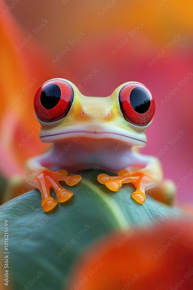 Rana de ojos rojos posada sobre una hoja verde en la selva tropical. La ...