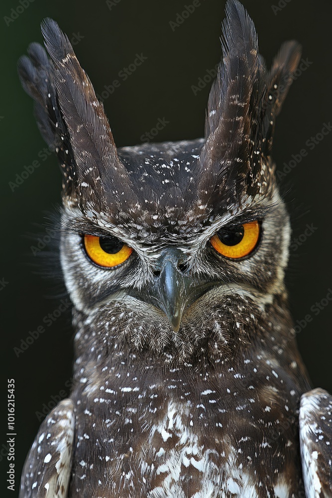 Retrato en primer plano de un búho con plumas erguidas y expresión ...