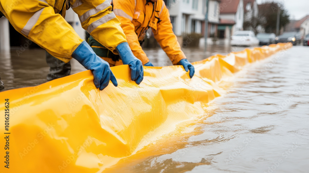 Emergency workers setting up flood barriers to prevent a flash flood ...