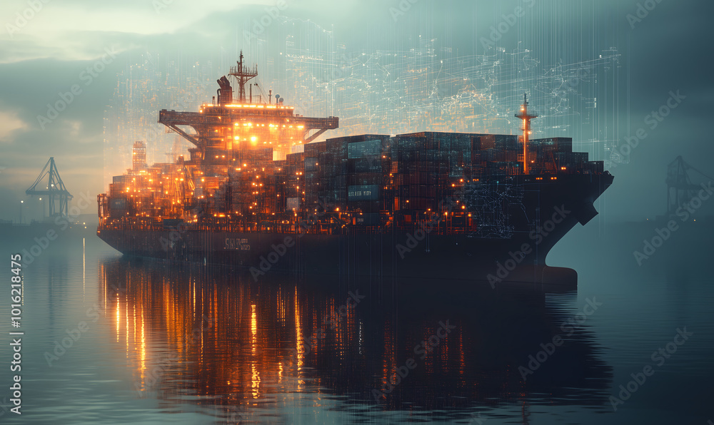 Illustration of sea cargo ship overlay with image of cargo ship in port ...