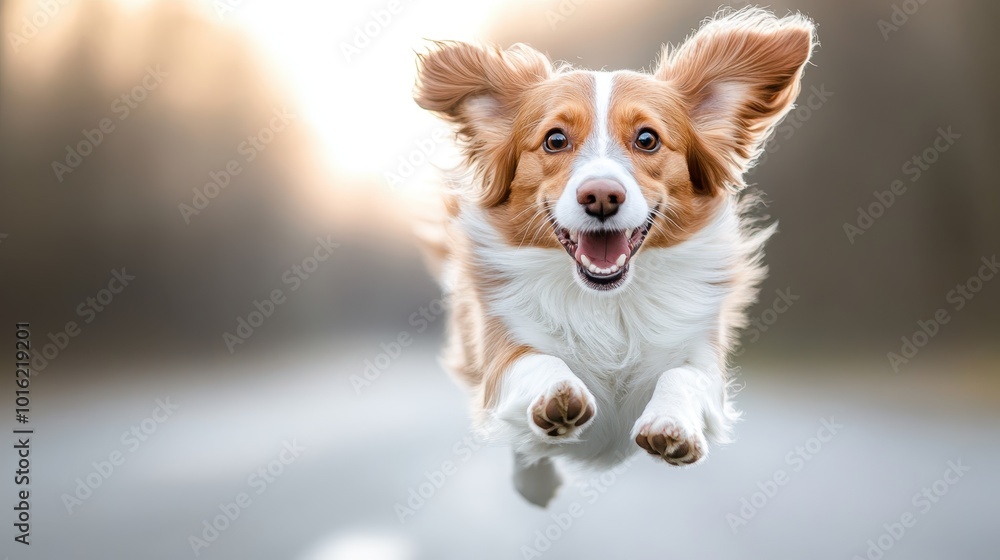 This image captures a joyful dog with flapping ears joyfully running ...