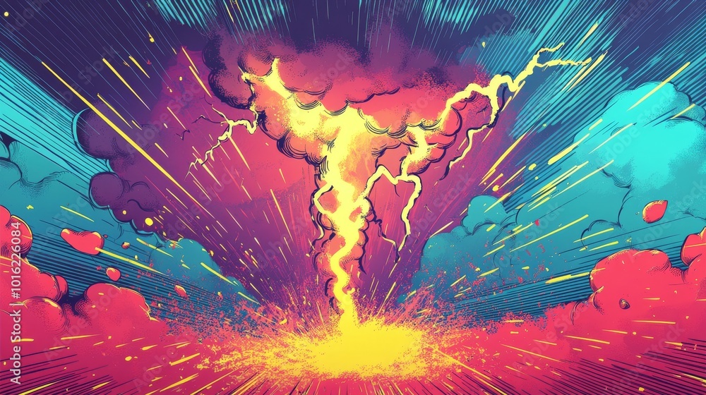 Yellow lightning strike erupting from clouds with red and blue hues and ...