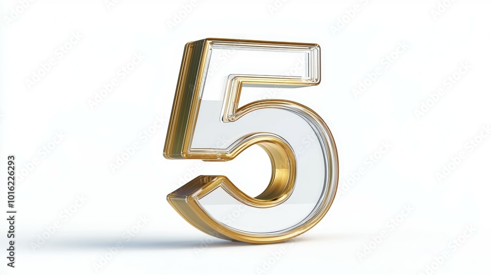 Stylized transparent and gold number five on a white background for ...