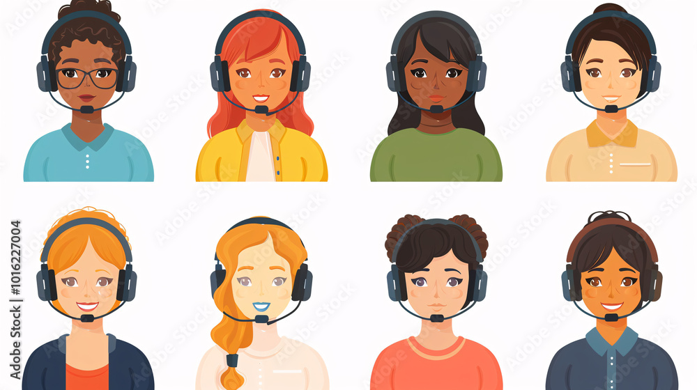 Diverse avatars of call center agents with wireless headsets, designed ...
