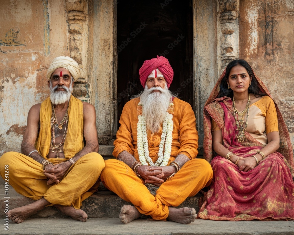 Two Indian sadhus and a woman in the national costume of a sari are ...
