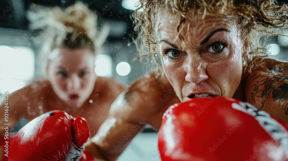 Two female boxers in action, showing intense focus and fierce ...