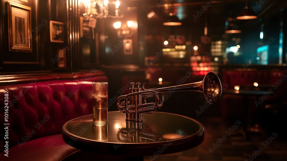 A classic jazz trumpet gleaming in the spotlight, placed on a small ...