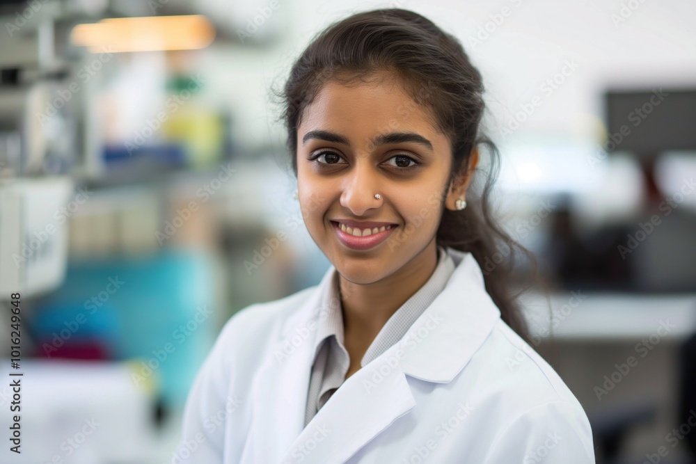 Young Indian female scientist in white lab coat. Smiling researcher in ...