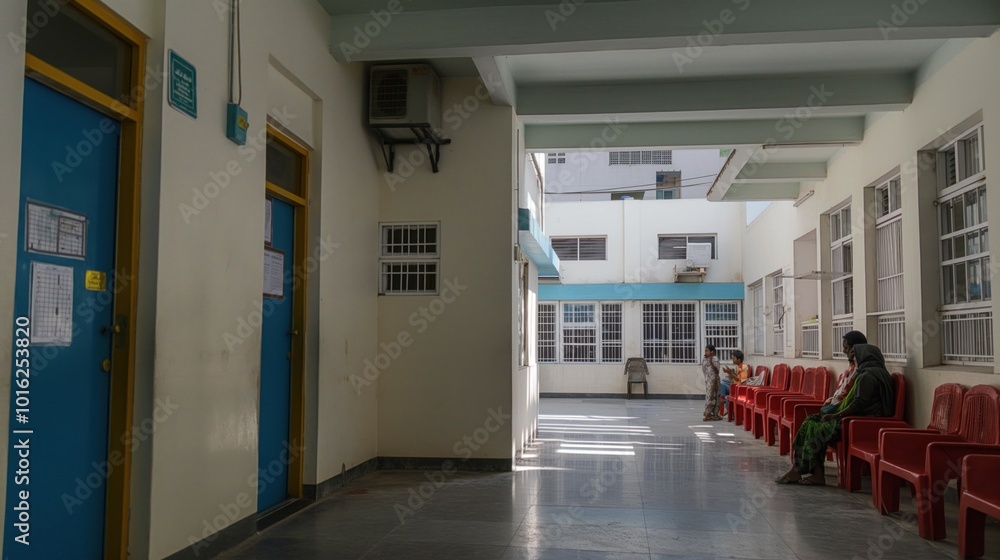 Government hospital building with tranquil courtyard. Courtyard ...