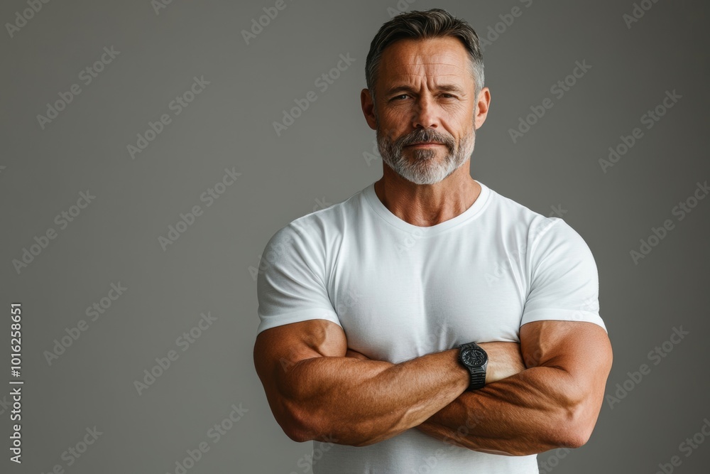 Happy fit sporty older man coach, middle aged sportsman athlete or ...