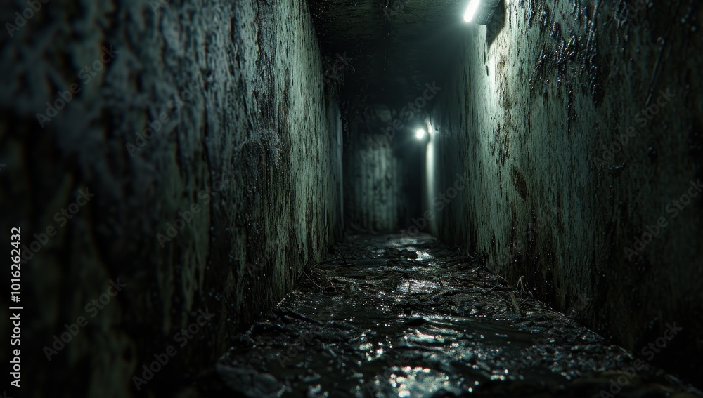 A dark corridor in an abandoned building. Cluttered corridor in ruins ...