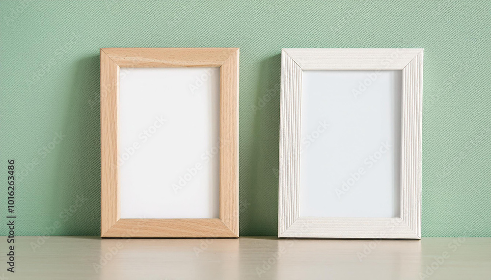 Two empty white picture frames with wooden frame leaning on green wall ...