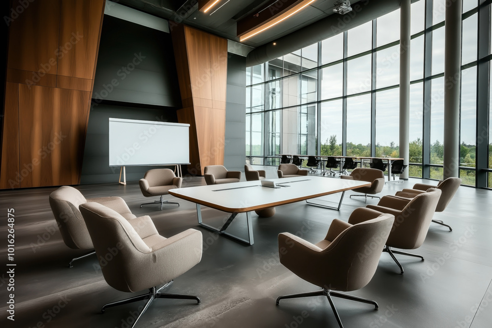 Modern conference room with large windows, swivel chairs around a table ...