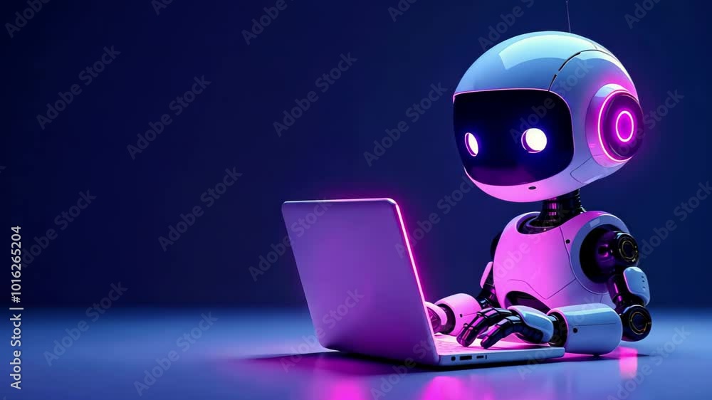 Cute friendly artificial intelligence robot using laptop computer with ...