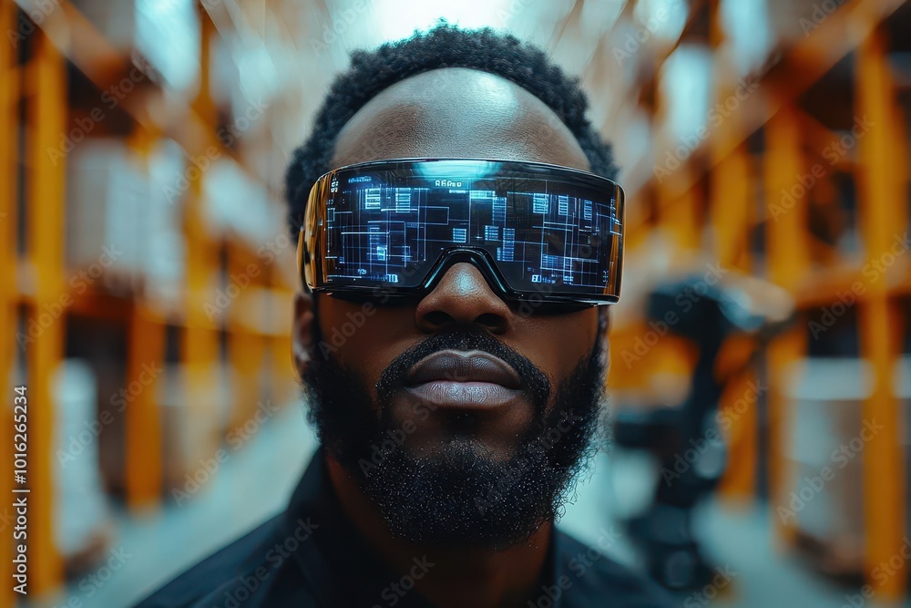 confident warehouse manager using augmented reality glasses surrounded ...