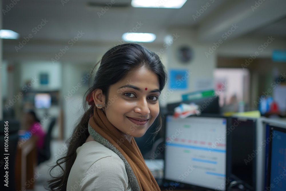 Young Indian woman with dark hair in office setting. She wears red ...