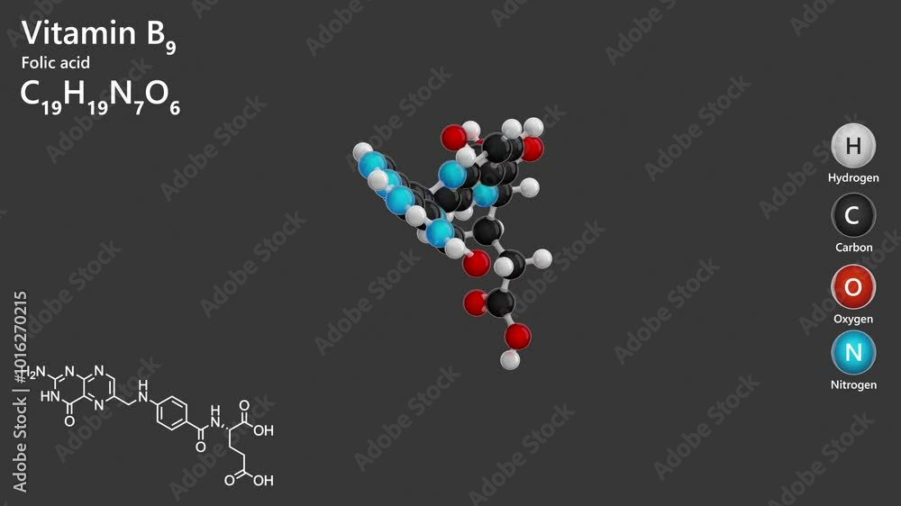 Molecule of Vitamin B9, or folic acid (C11H13N7O6S), is a vitamin ...