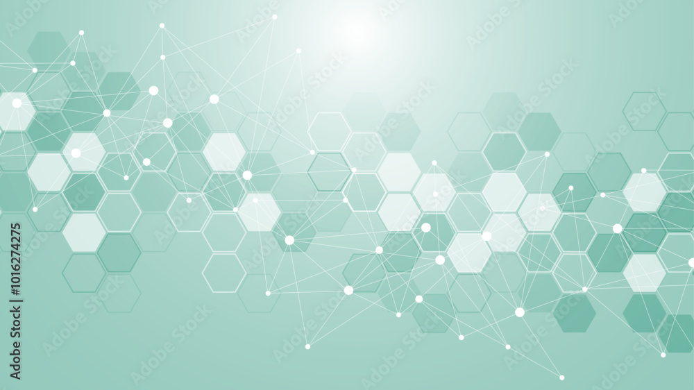 Modern scientific background with hexagons, lines and dots. Wave flow ...