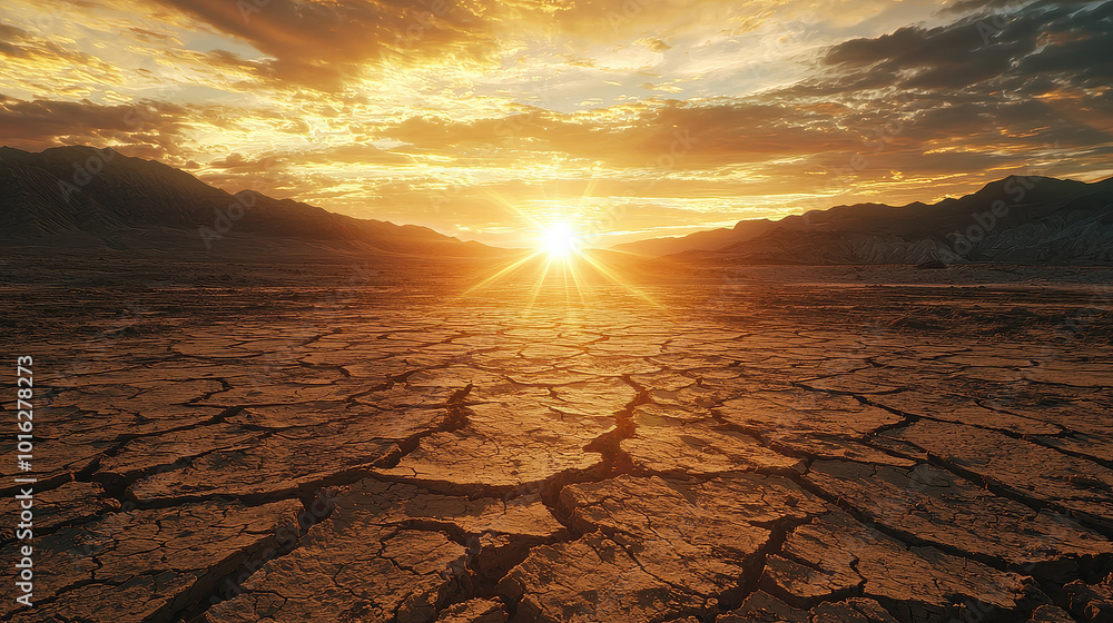 A stunning sunrise casts golden light over the dry, cracked desert ...