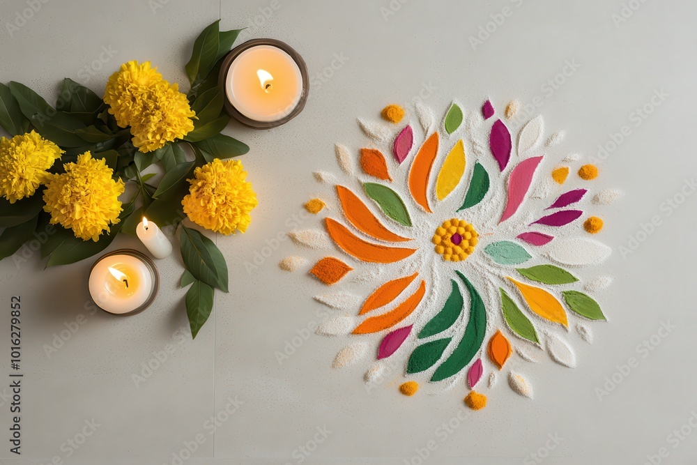 Colorful Rangoli Design: An overhead view of an intricate rangoli ...