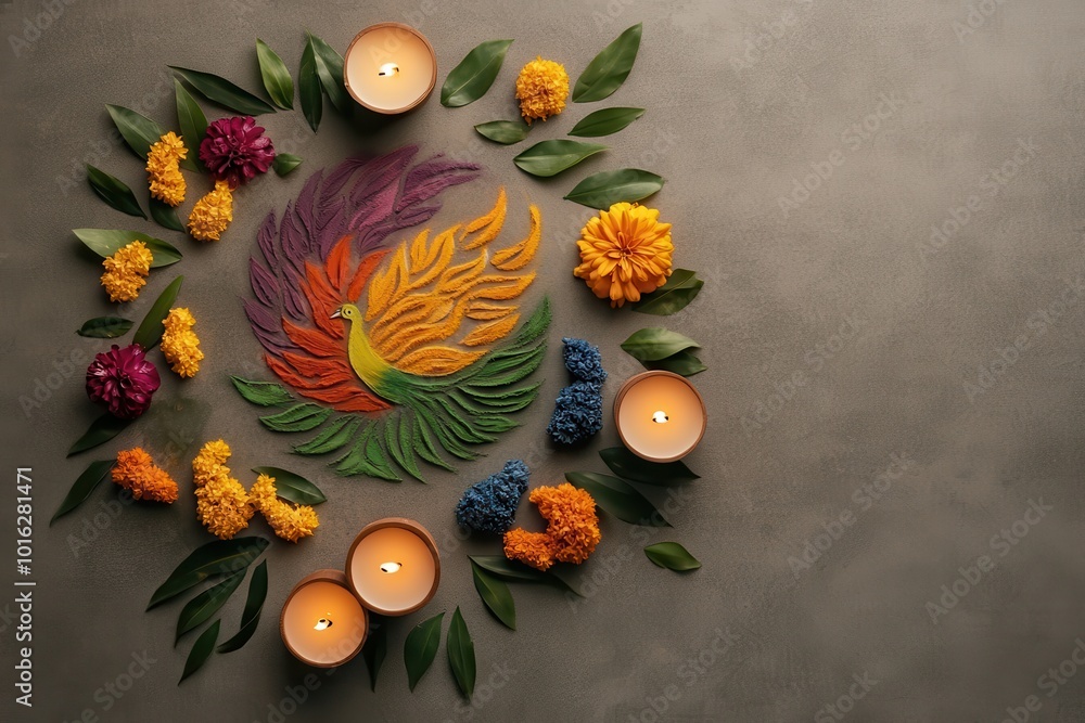 Colorful Rangoli Design: An overhead view of an intricate rangoli ...