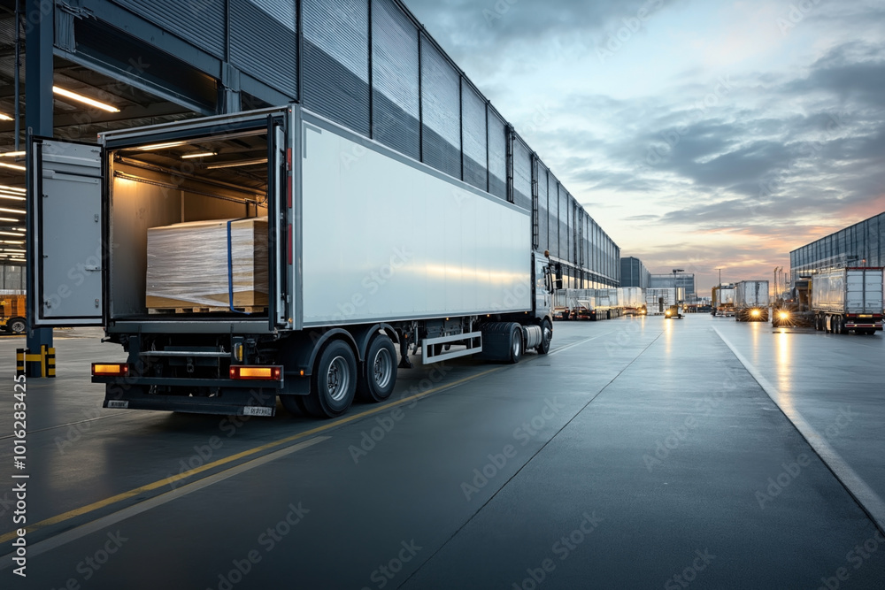 Open truck trailer parked at a logistics center with a shipment pallet ...